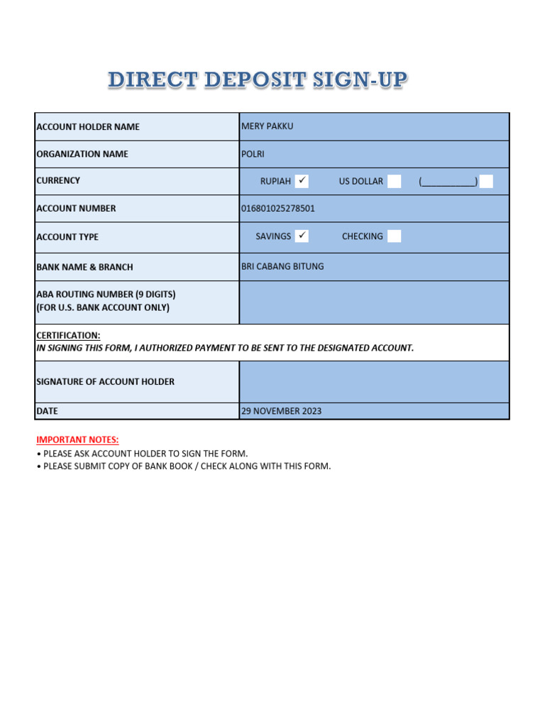 Direct Deposit Sign-Up Form | PDF