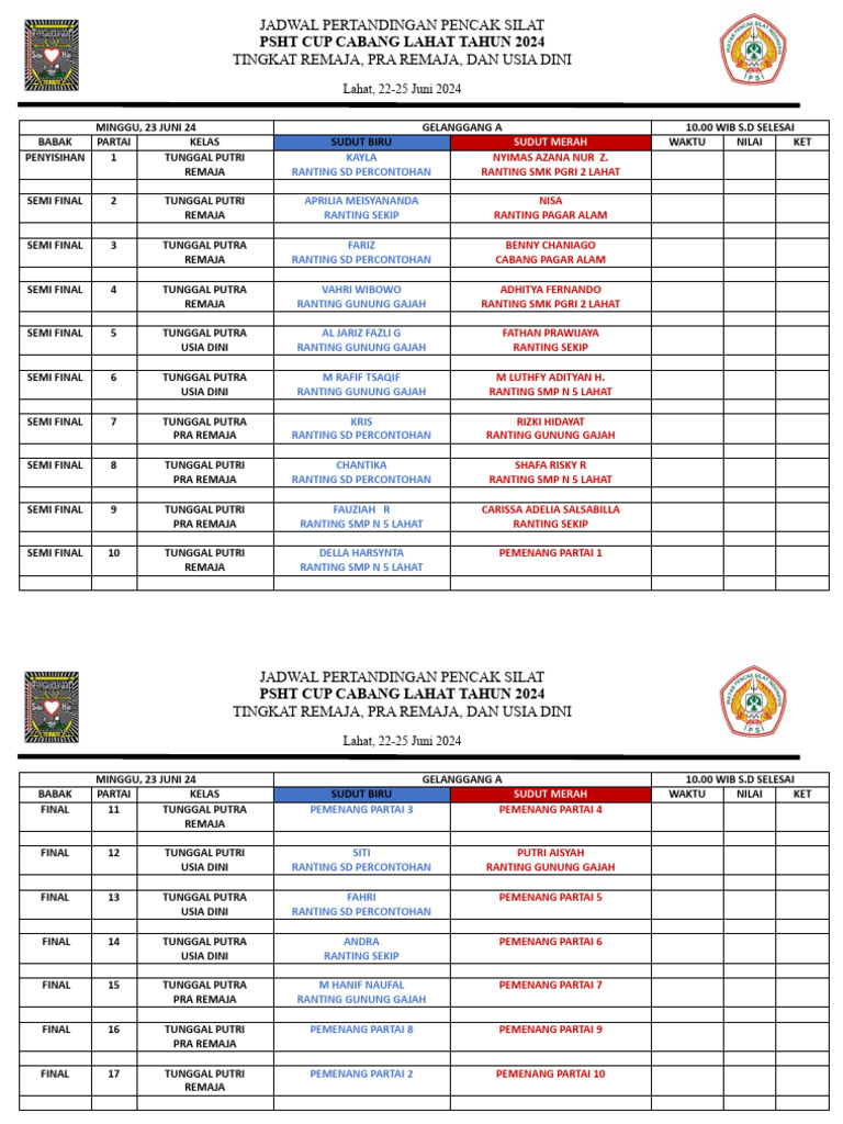 Jadwal Pertandingan Pencak Silat Tunggal PSHT Cup 2024 | PDF