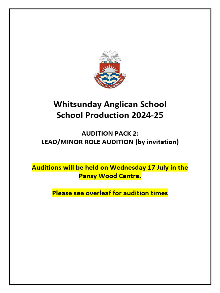 Whitsunday Anglican School Production 2024-25 - Online Audition Pack - Callbacks | PDF ...
