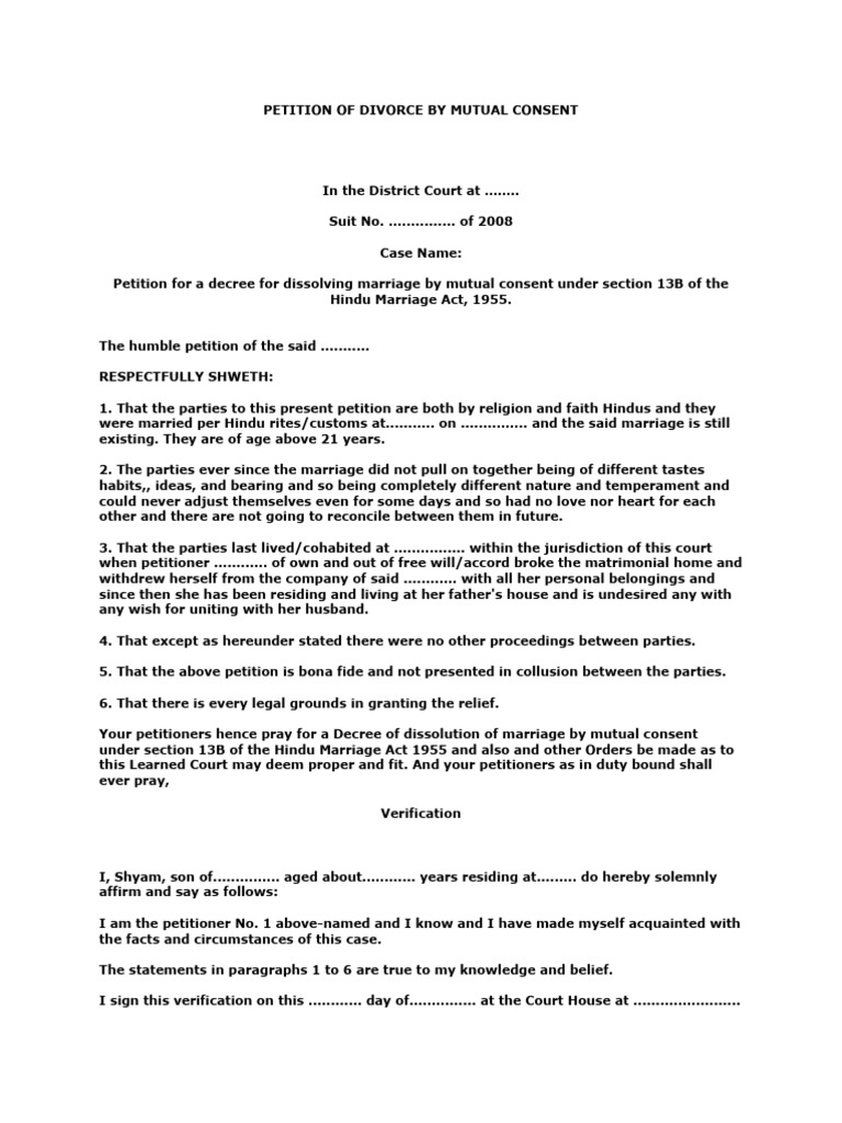Mutual Consent Divorce Petition Template | PDF | Marriage | Divorce