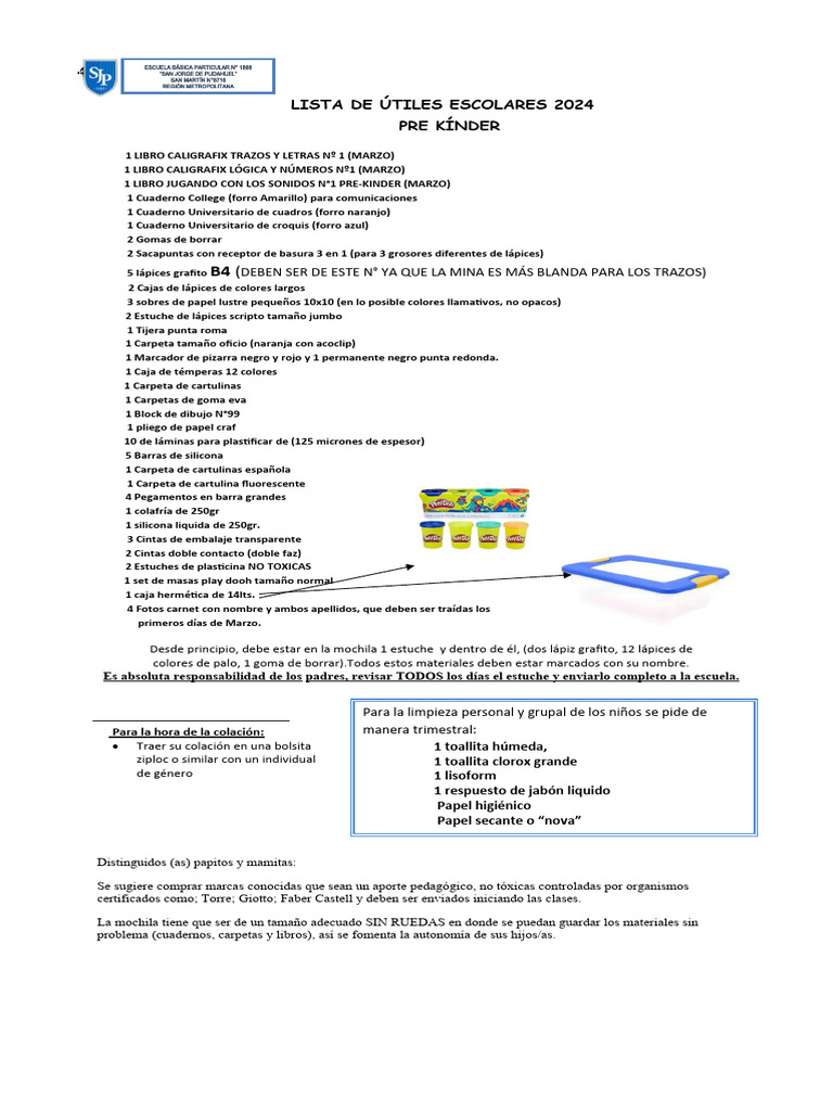 Lista de Utiles Escolares Pre-Kinder 2024 | PDF | Lápiz | Grafito