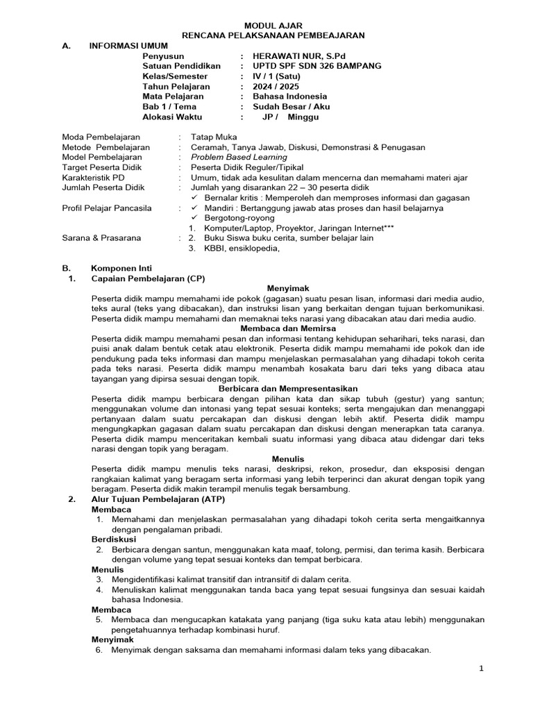 Modul Ajar B. Indonesia SMT 1 KLS Iv | PDF