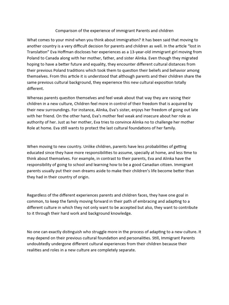 Comparison of The Experience of Immigrant Parents and Childre1 | PDF ...