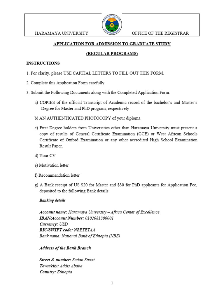 Modified Application Form For PHD and Masters Programs Haramaya 1 | PDF ...