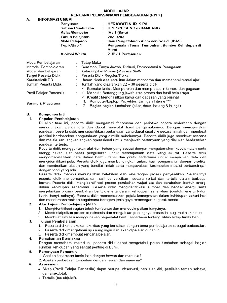Modul Ajar Ipas SMT 1 KLS Iv | PDF