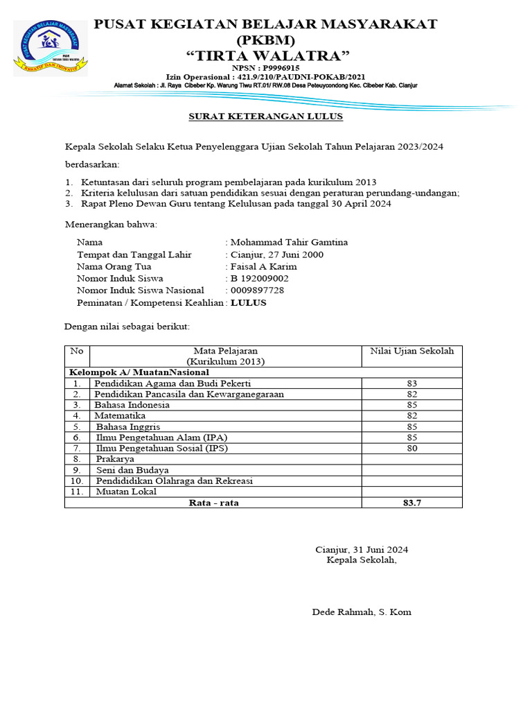 Surat Keterangan Lulus PKBM Cianjur | PDF