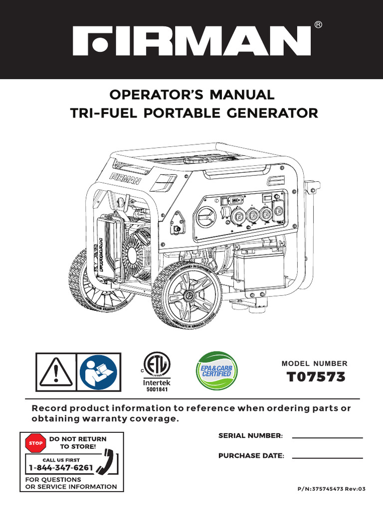 Firman T07573 Generator Operator Manual | PDF