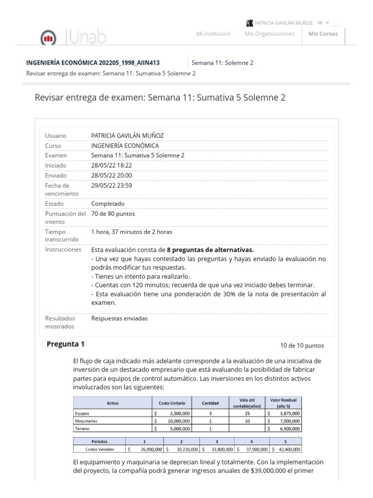 Revisar Entrega de Examen - Semana 11 - Sumativa 5 Solemne 2 | PDF | Flujo de efectivo | Economias