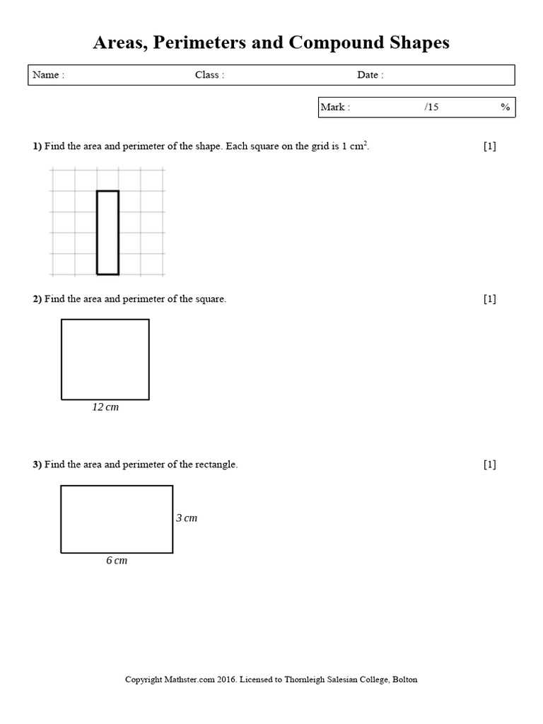 Areas, Perimeters and Compound Shapes - 1 | PDF | Area | Rectangle