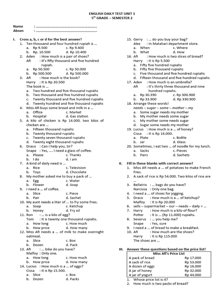 English Daily Test Unit 1 Grade 5 | PDF | Foods | Cuisine