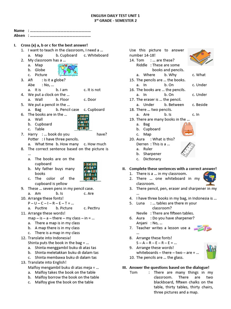 English Daily Test Unit 1 Grade 3 | PDF | Writing Implements