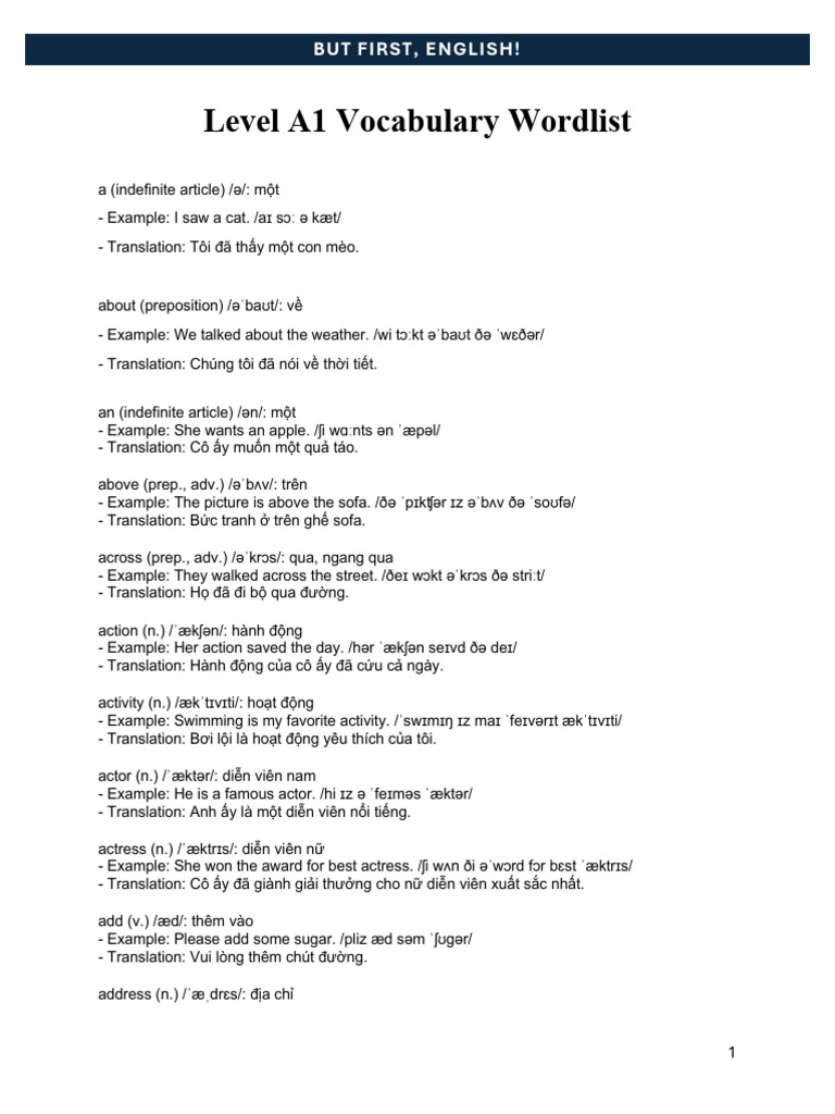 Level A1 Vocabulary Wordlist | PDF