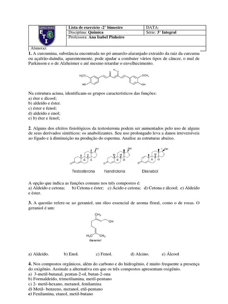 Atividade de Química - 2° Bimestre - CCB | PDF | Éster | Aldeído