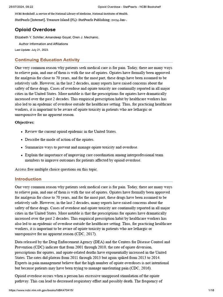 Opioid Overdose - StatPearls - NCBI Bookshelf | PDF | Naloxone | Opioid