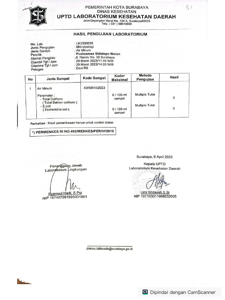 1.4.7 Hasil Lab Uji Kualitas Air Pdam Puskesmas | PDF