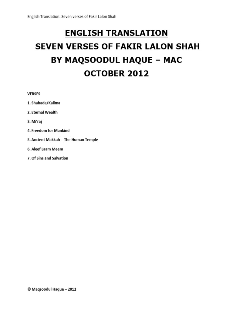 English Translation of Seven Verses of Fakir Lalon | PDF