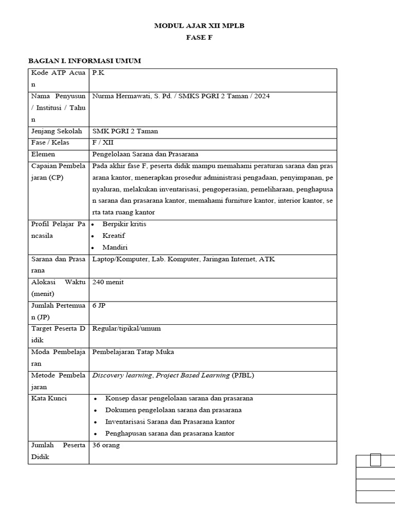 MODUL AJAR XII Pengelolaan Sarpras Nurma 2024 | PDF