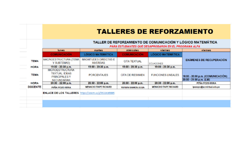 Programa de Taller de Reforzamiento | PDF