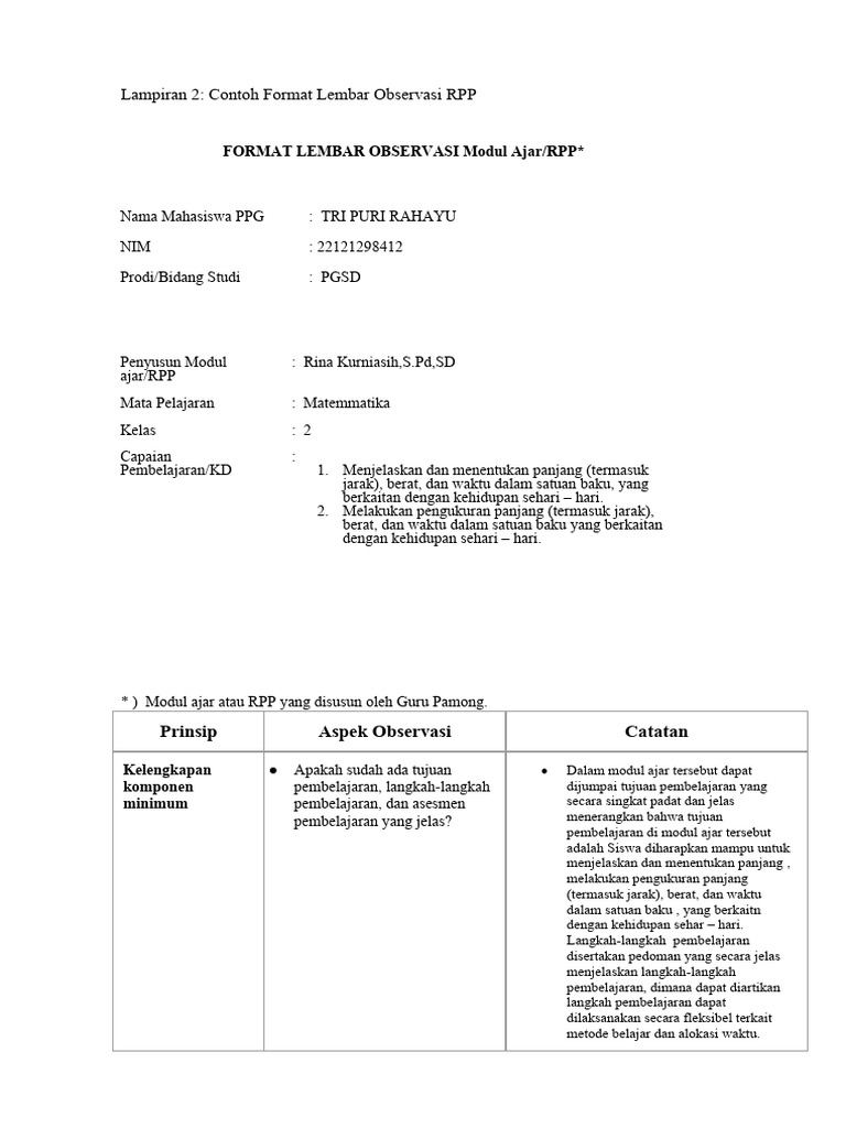 Lampiran 2 - Contoh Format Lembar Observasi RPP | PDF | Pengembangan Diri