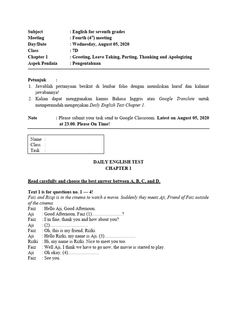 Daily English Test for 7th Grade Students | PDF