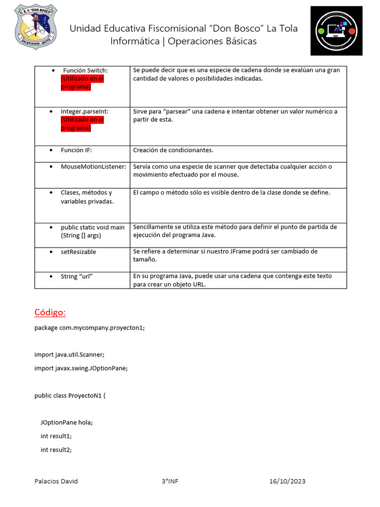 Palacios - David - Operaciones Básicas - 3inf | PDF | Java (lenguaje de programación ...