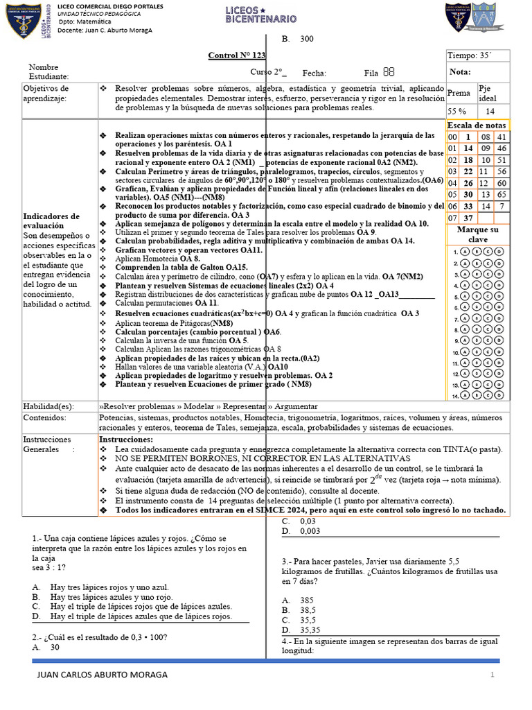 Control Simce #123 - NM2 - A | PDF | Ecuaciones | Logaritmo