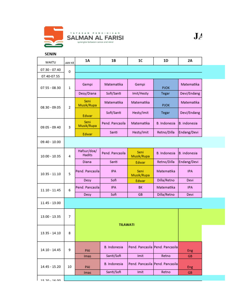 Jadwal Pelajaran SD Saf Semester 1 Tp.2425 Fix | PDF