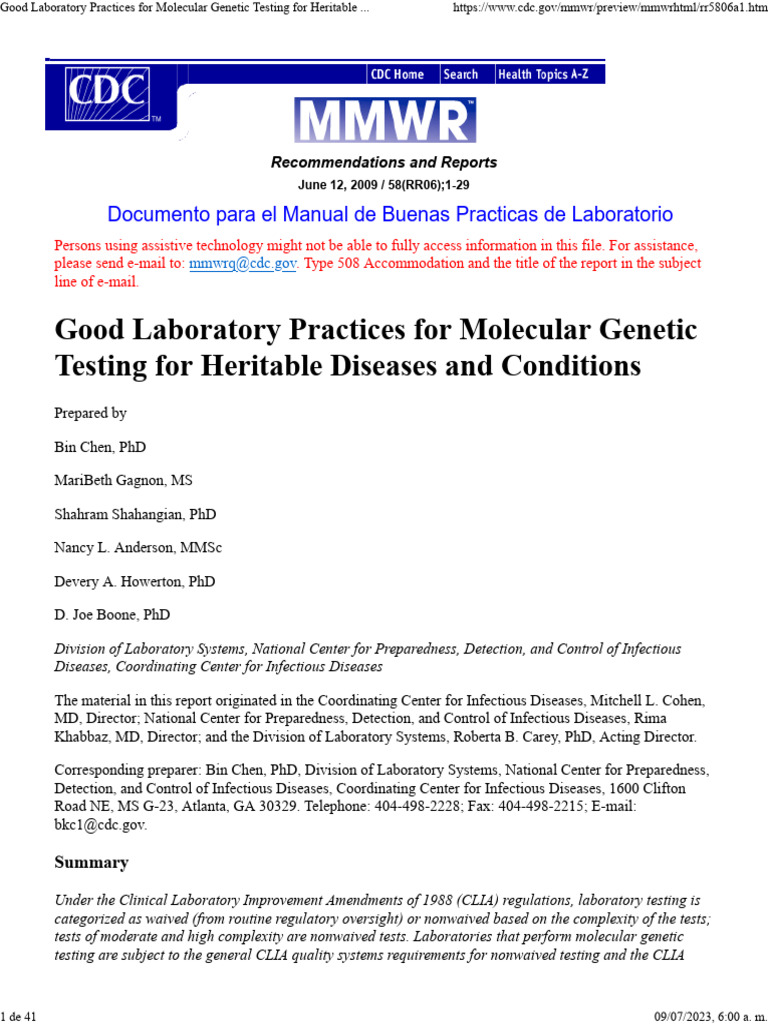 CDC Good Laboratory Practices For Molecular Genetic Testing For ...
