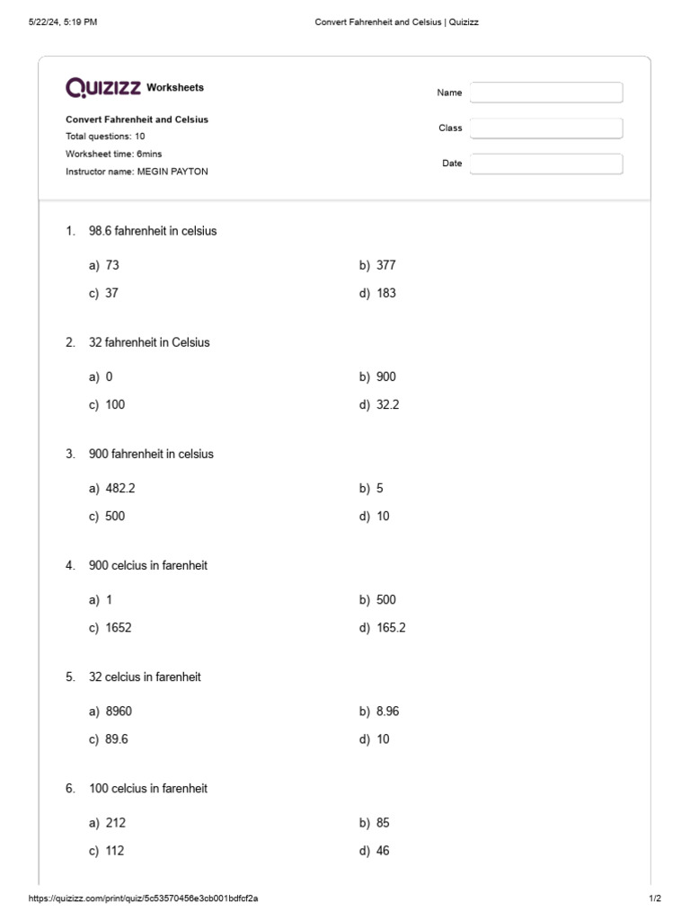 Convert Fahrenheit and Celsius - Quizizz | PDF | Fahrenheit | Heat Transfer
