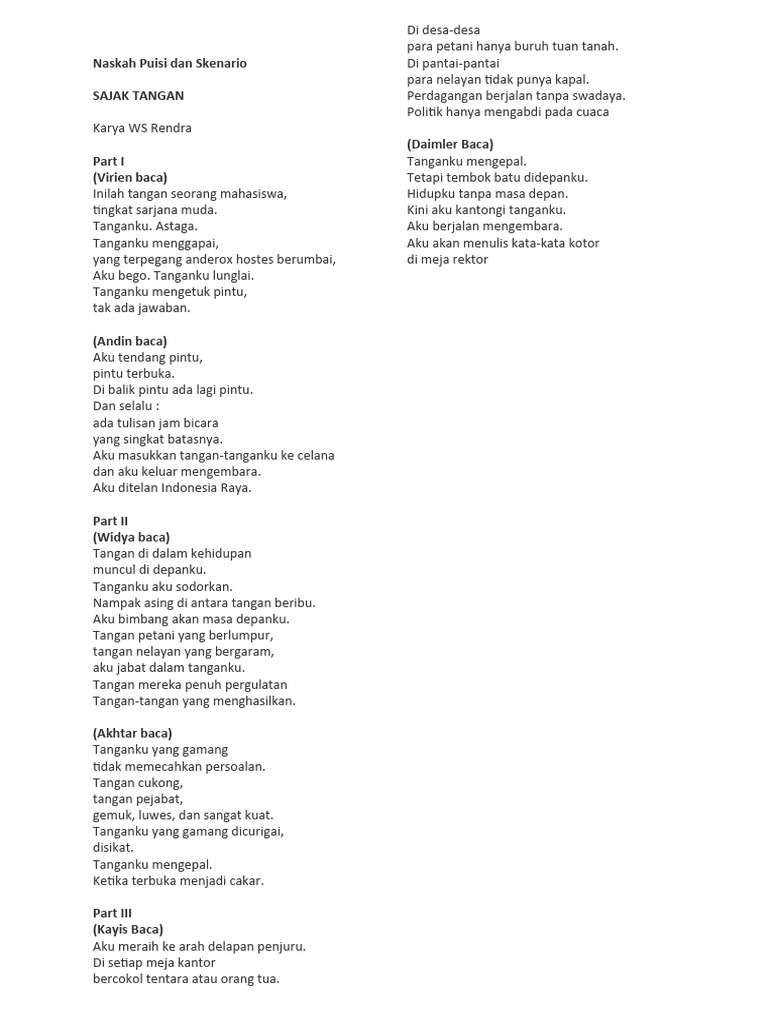 Skenario Dan Puisi Sajak Tangan - Ws Rendra | PDF