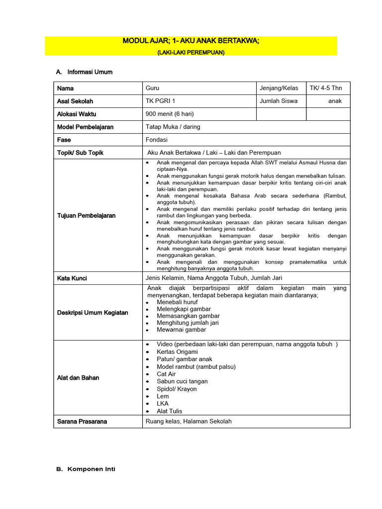 Modul Ajar PAUD: Mewarnai Kaligrafi | PDF | Seni & Disiplin Bahasa