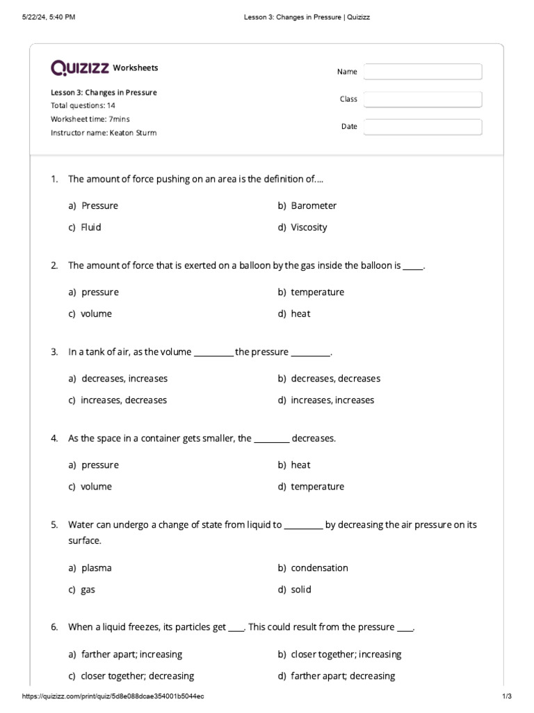 Changes in Pressure Worksheet | PDF | Pressure | Boiling