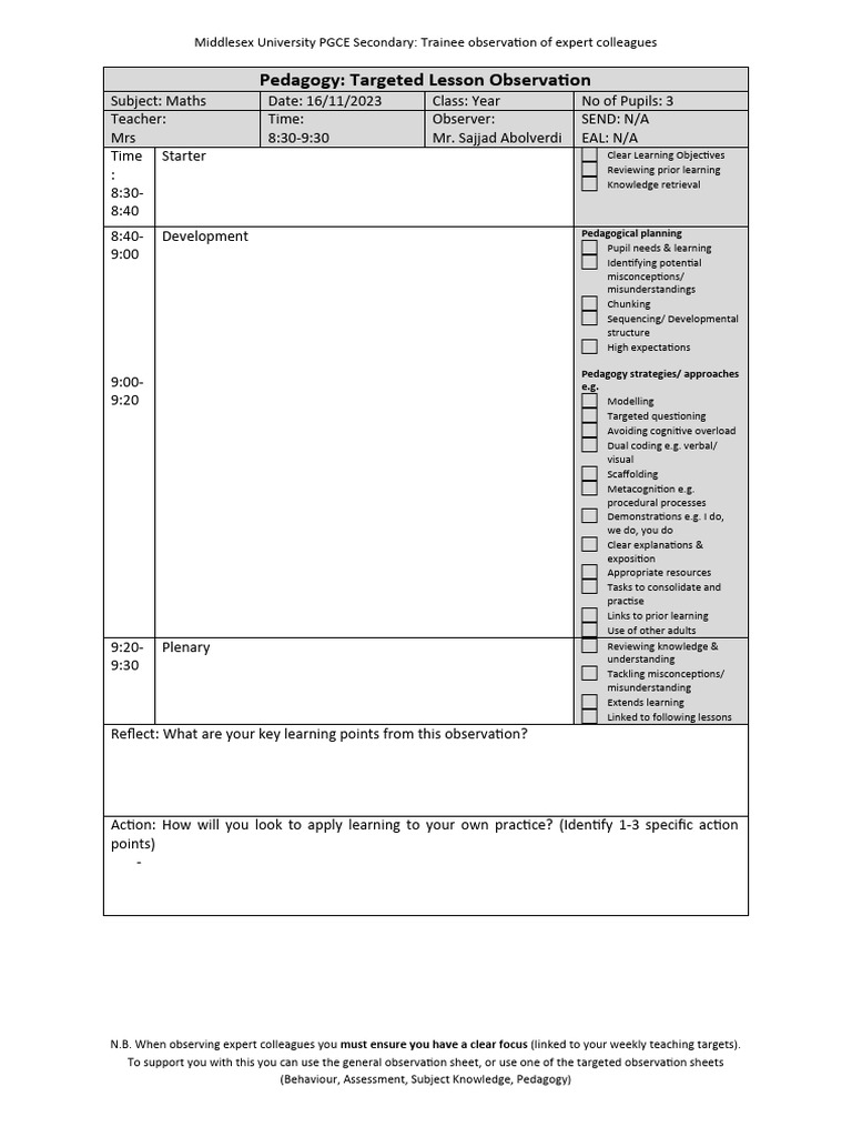 PGCE Maths Lesson Observation Insights | PDF | Learning | Pedagogy