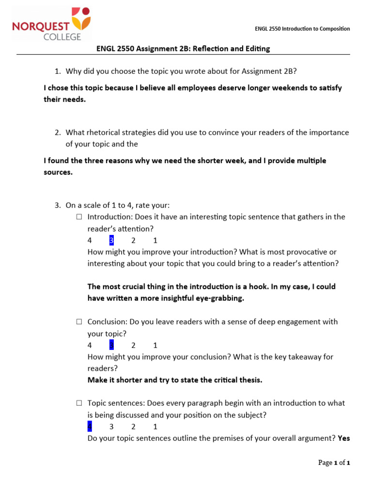 Assignment 2B - Reflection and Editing | PDF | Career & Growth ...