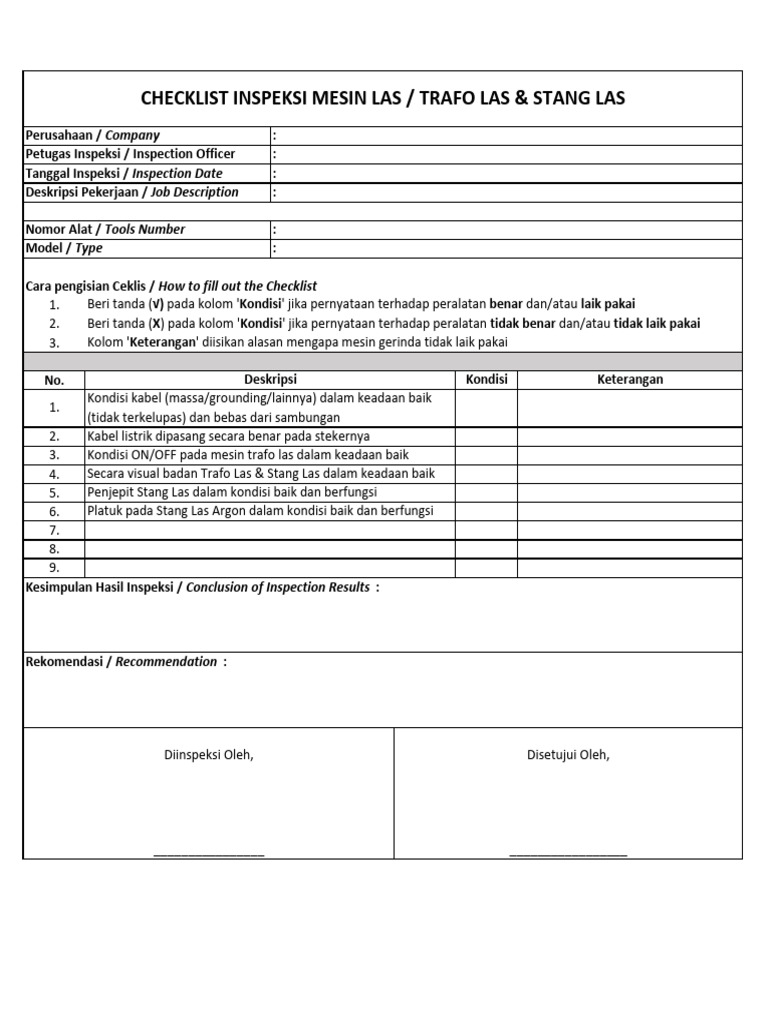 Form Checklist Trafo Las & Stang Las | PDF | Teknologi & Rekayasa