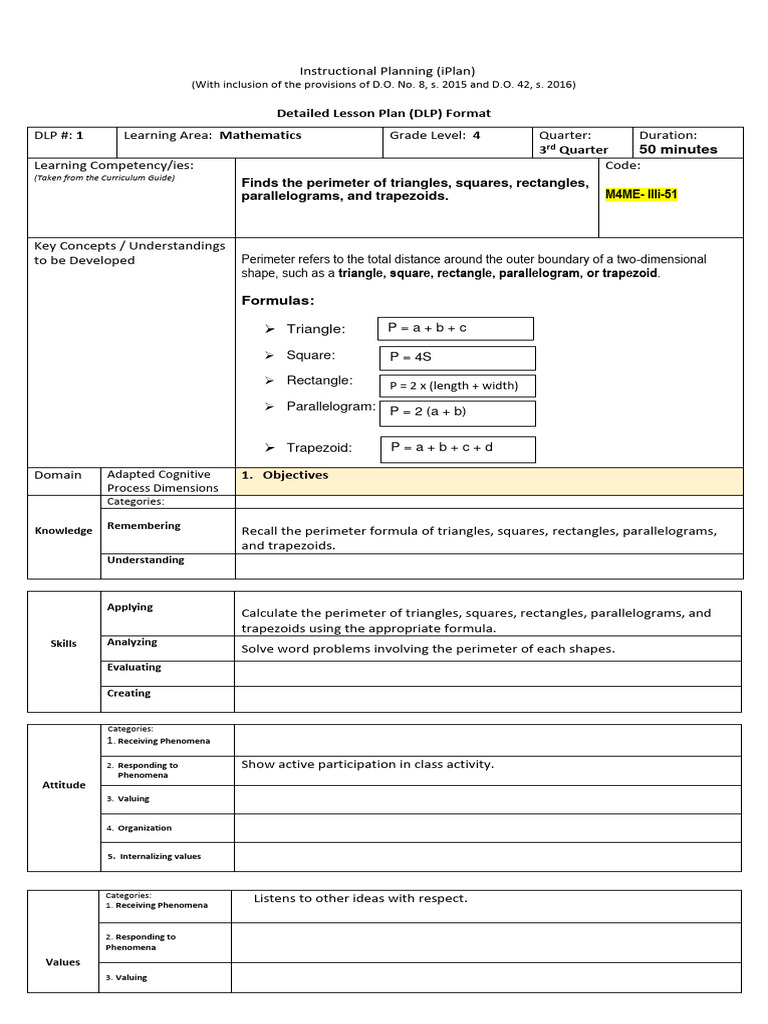 Final DLP For Math Demonstration | PDF | Rectangle | Length