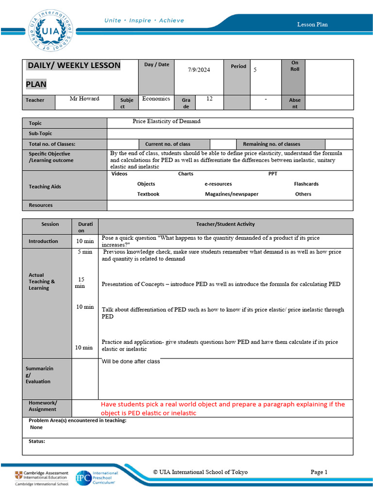 PED Lesson Plan | PDF | Price Elasticity Of Demand | Demand