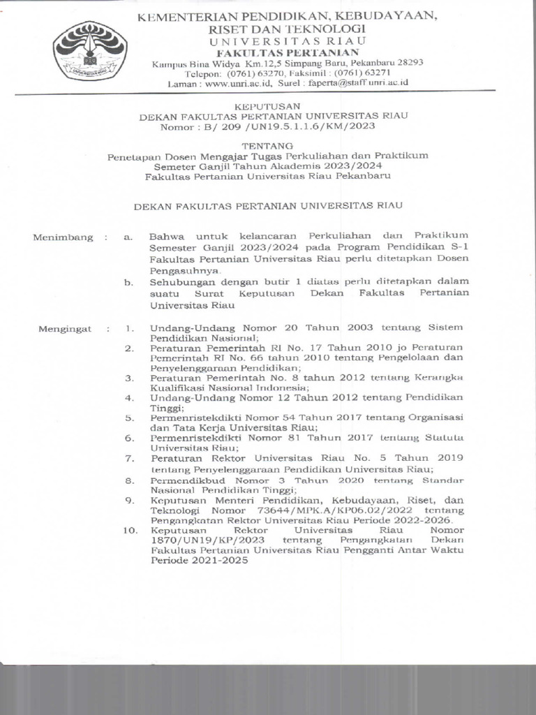 SK Dekan Mengajar Semester Ganjil 2023-2024 FP UNRI | PDF