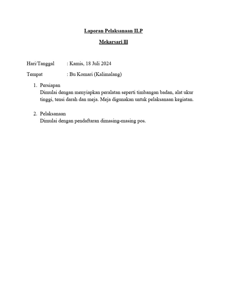 Laporan Pelaksanaan Ilp MK 3 Bulan Juli 2024 | PDF