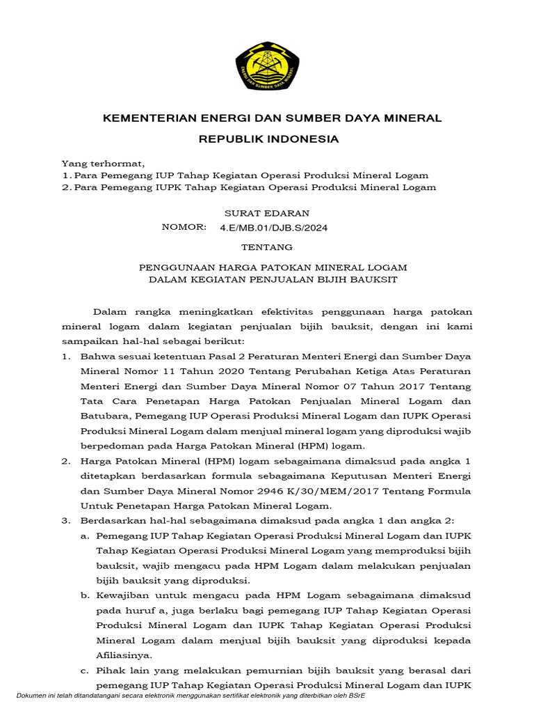 Surat Edaran ESDM No 4.E/MB.01/DJB.S/2024 TGL 23 Juli 2024 | PDF
