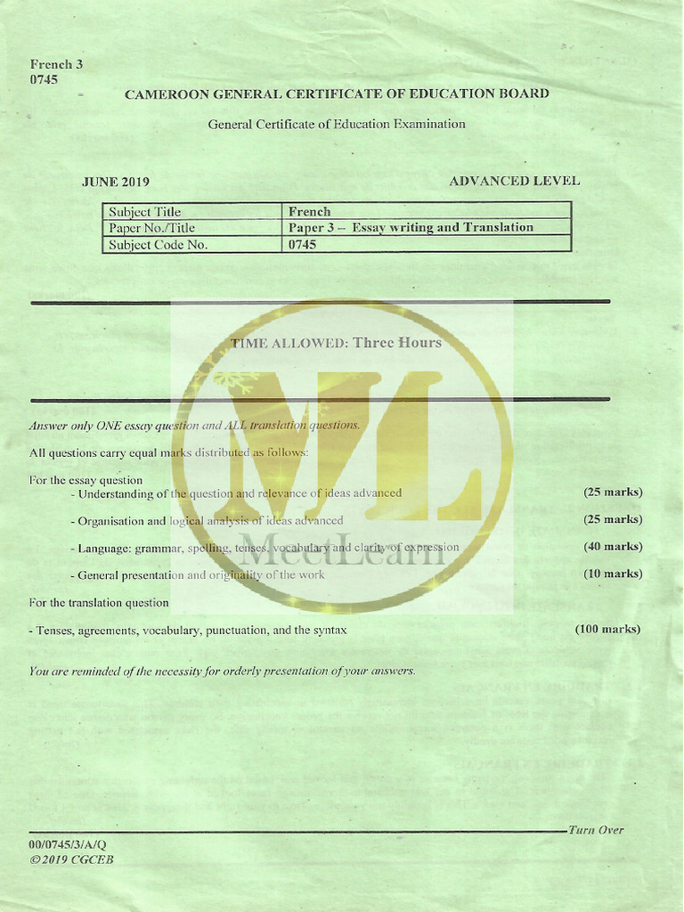 0745 French Paper 3 GCE Advanced Level Paper Three 2019 | PDF
