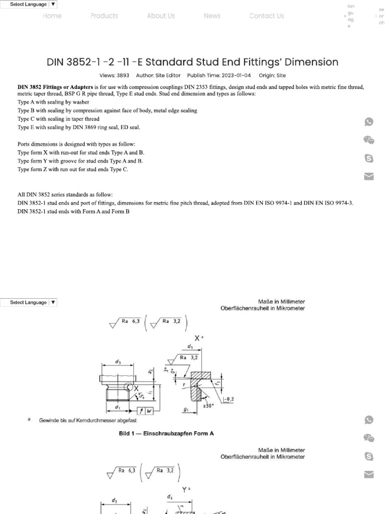 DIN 3852-1!2!11 - E Standard Stud End Fittings' Dimension - FITSCH | PDF