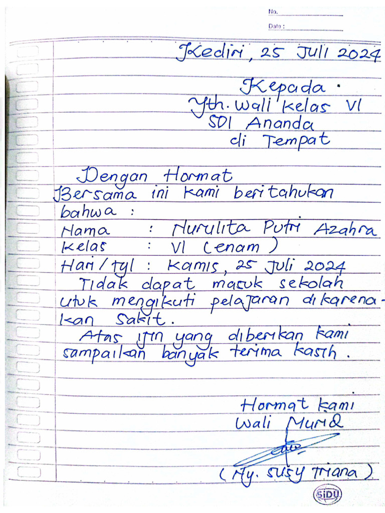 Surat Izin Nurulita Putri Azahra Kamis, 25 Juli 2024 | PDF