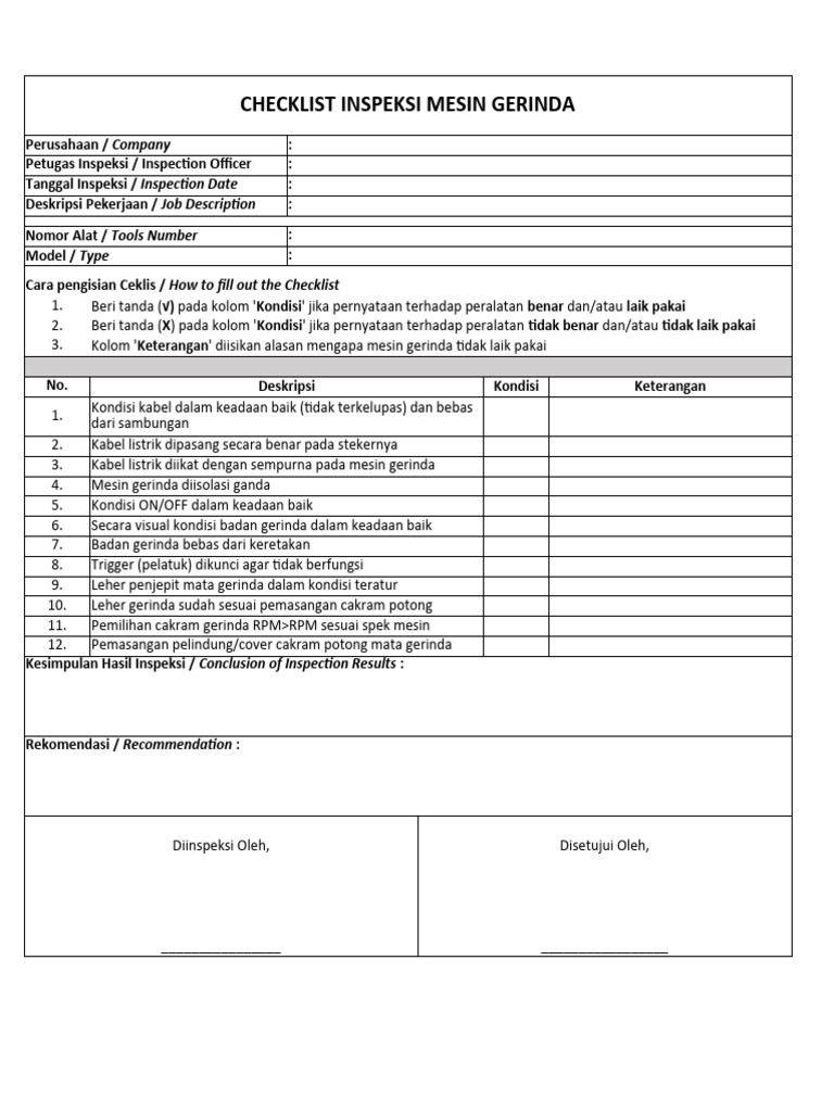 Master Form Checklist Mesin Gerinda | PDF | Bisnis