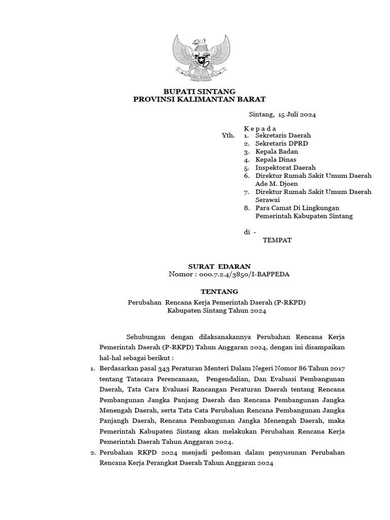 Revisi Surat Edaran PERUBAHAN RKPD 2024 15 JULI 2024 | PDF