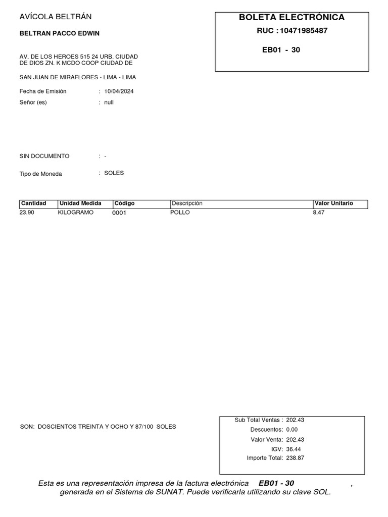 Boleta 10471985487 EB01 30 | PDF