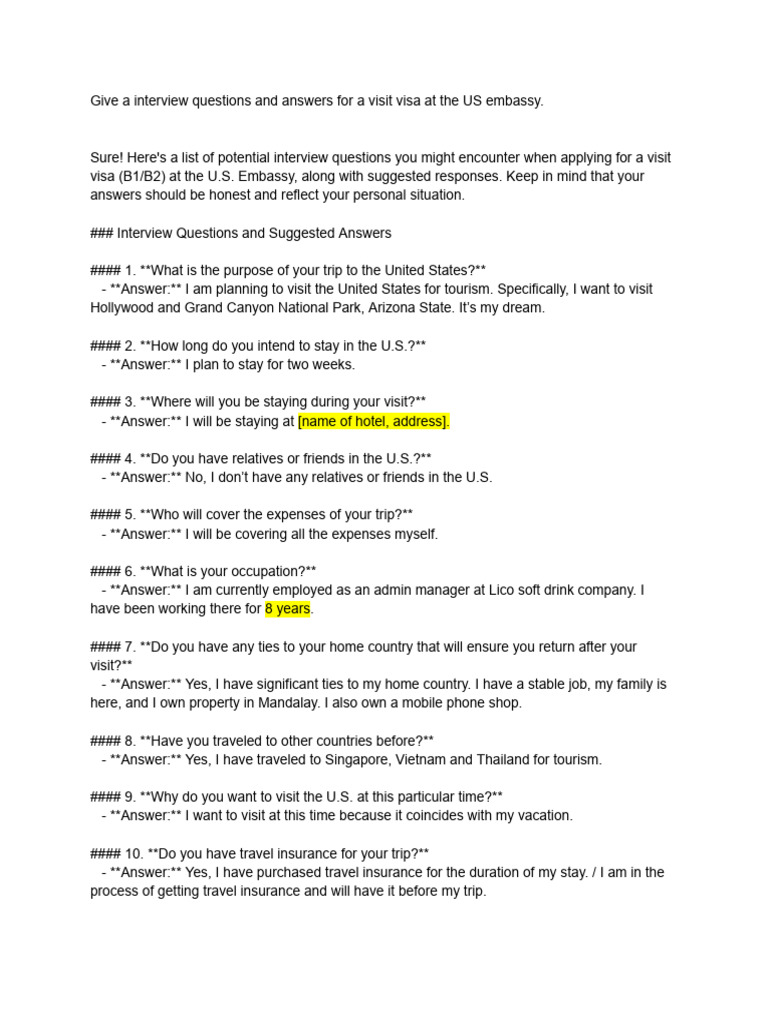 Give A Interview Questions and Answers For A Visit Visa at The US ...