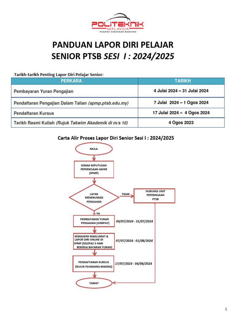 Panduan Lapor Diri Pelajar Senior PTSB Sesi I 2024-2025 | PDF