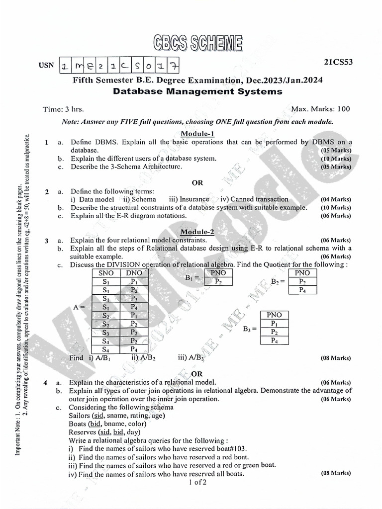 @vtucode - in DBMS Previous Year Paper 2021 Scheme | PDF