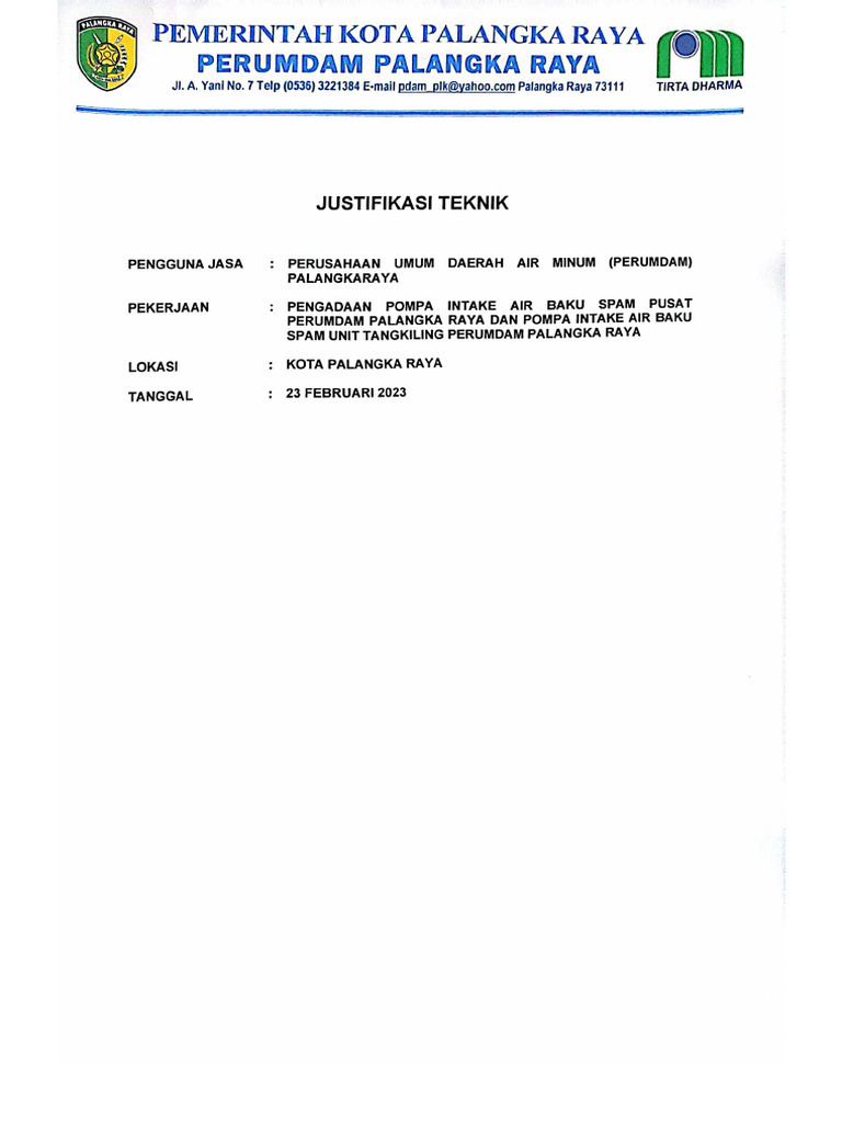 Justifikasi Teknis Pengadaan Pompa Intake | PDF